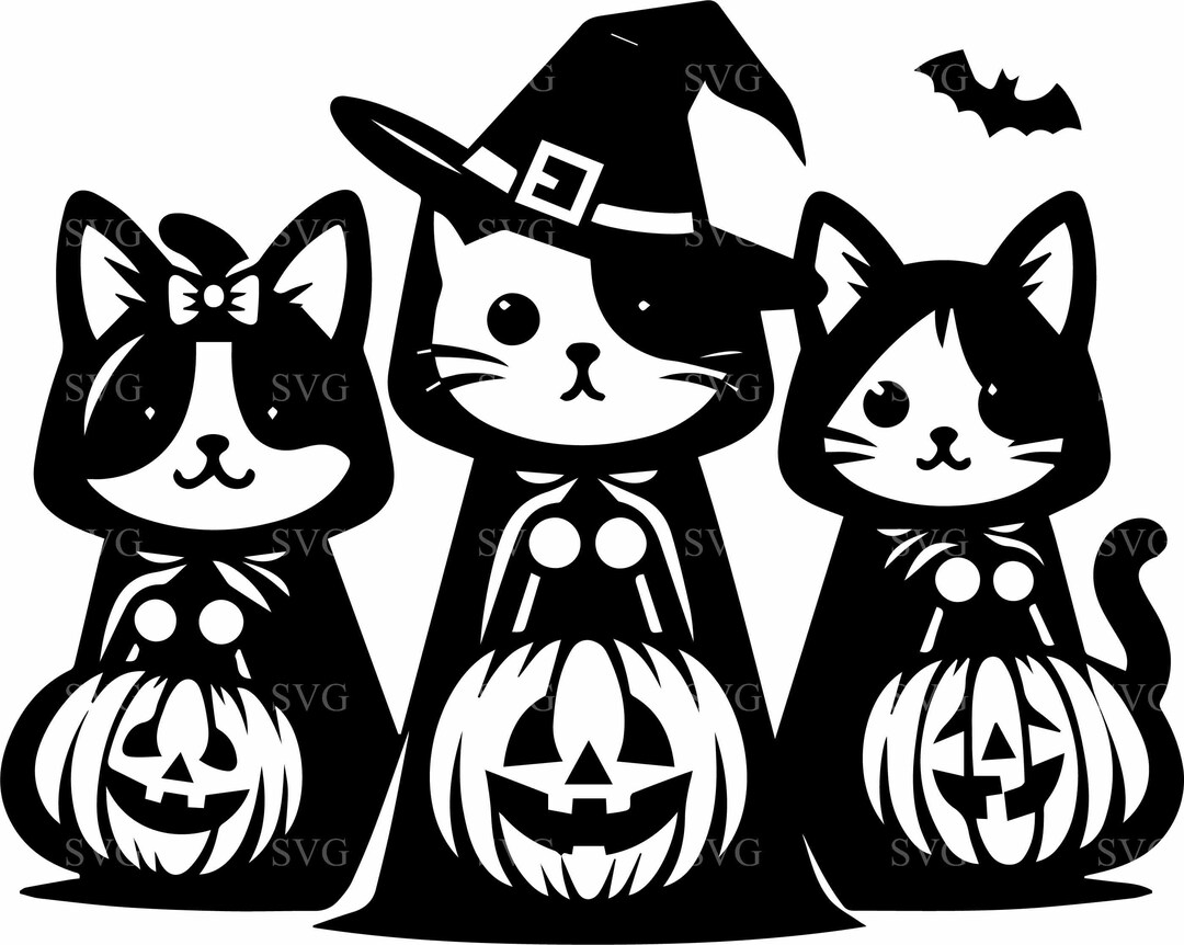5 Halloween Cats SVG, Cute Witch Cats With Pumpkins Cut File, Trick or ...
