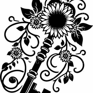 Sunflower Key SVG 7 Cut File, Vintage Floral Key Clipart, Intricate ...