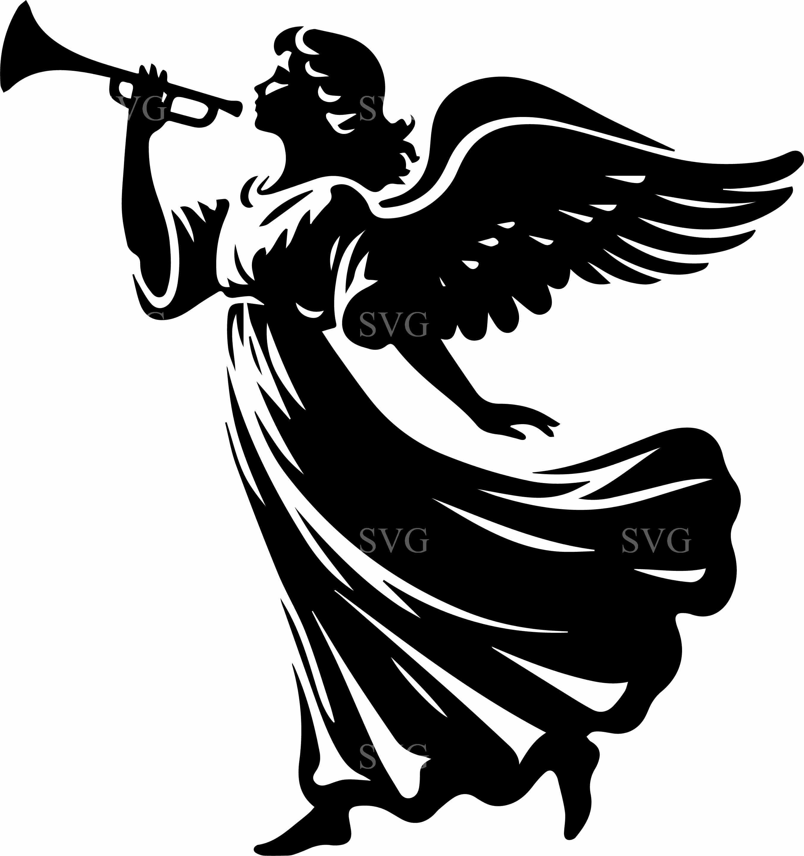 7 Trumpet Angel SVG – Winged Angel Silhouette With Swirl Gown Cut File ...