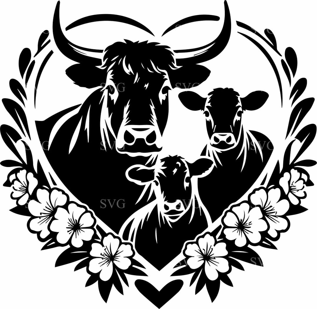 6 Cow Family SVG File - 6 Farm Animal Trio in Heart Frame Clipart ...