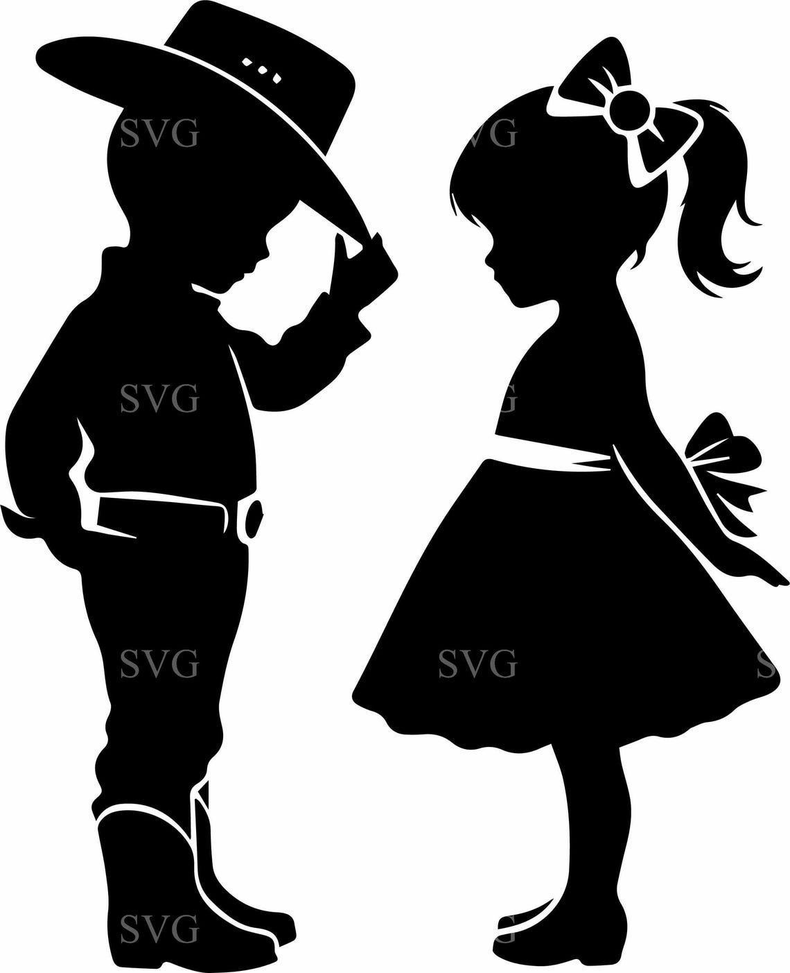 4 Vintage Kids Silhouette SVG – Boy Tipping Hat Girl Dress Sweet ...