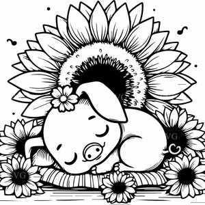 Sleeping Pig With Sunflowers SVG, 4 Cute Farm Animal Floral Cut File ...