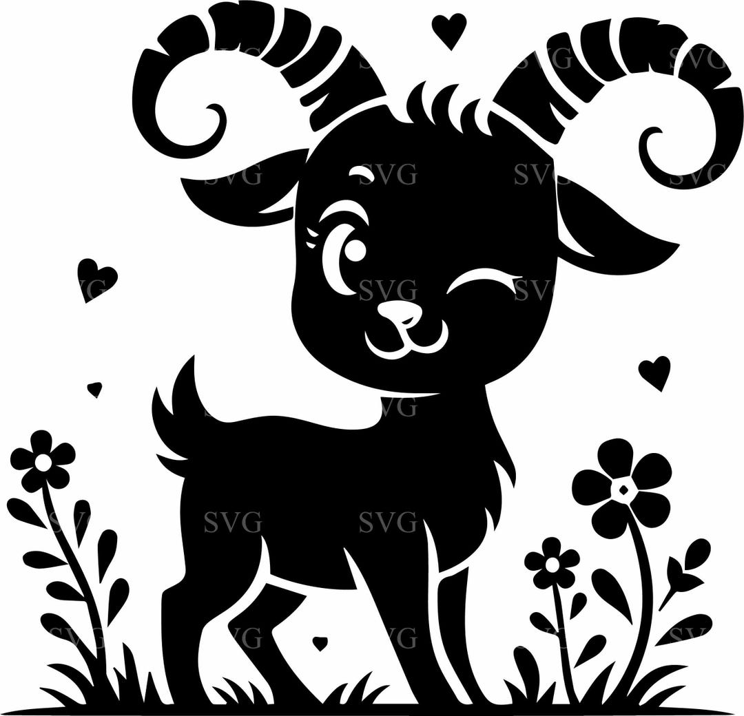 3 Cute Baby Goat SVG Cut File, Winking Goat Silhouette With Flowers and ...