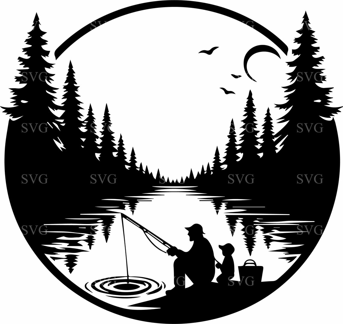 5 Lake Fishing SVG Cut File, Father and Son Silhouette by Water ...