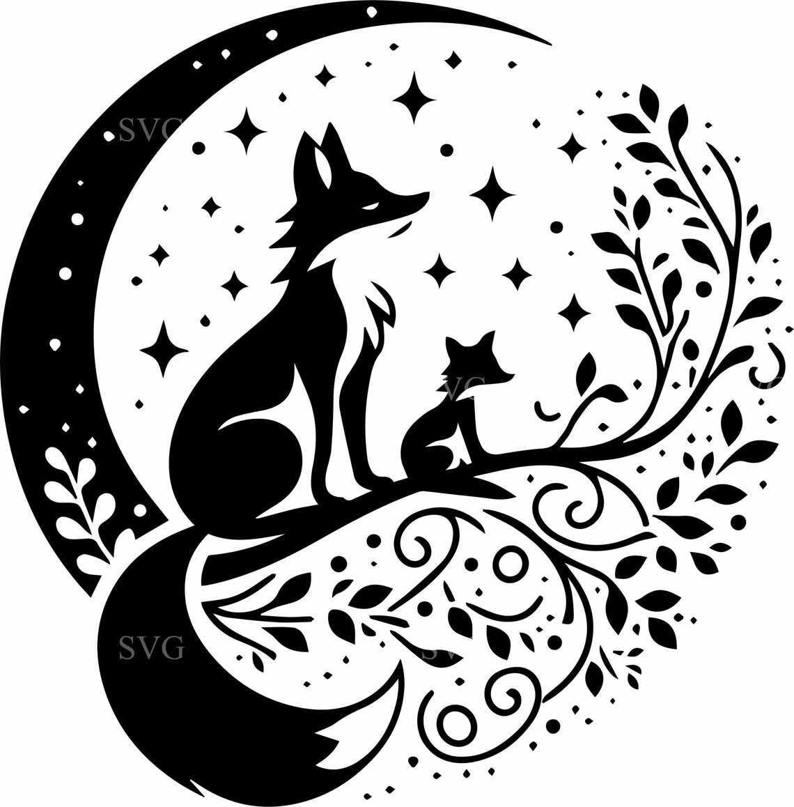 9 Fox Moon SVG – 9 Night Foxes Cut File With Stars and Leaves ...