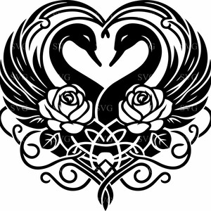 4 Romantic Swan Heart SVG Cut File – Swans With Roses and Flourishes ...