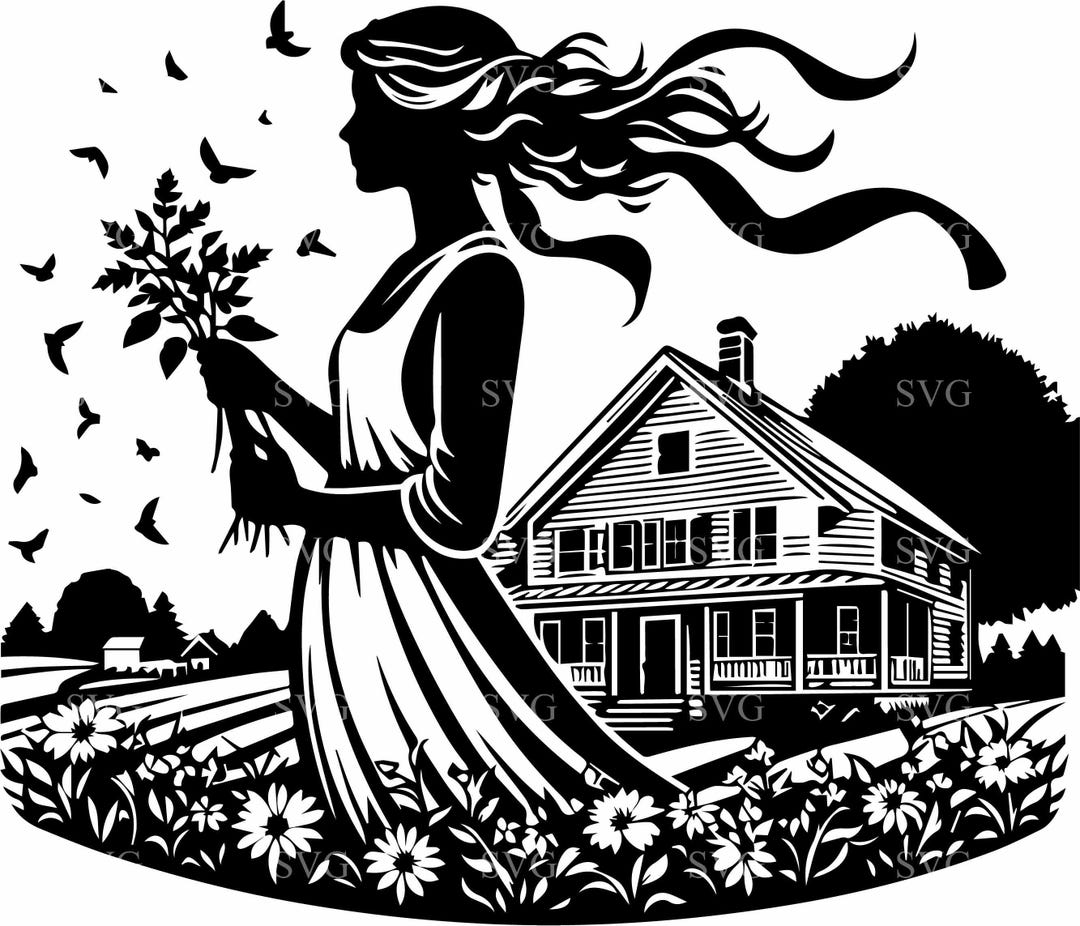 Rustic Farmhouse SVG 4 Cut File, Woman With Basket by Country House ...