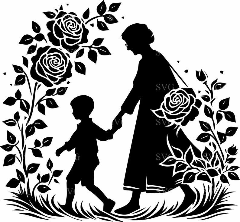 5 Grandma and Grandchild SVG, Rose Garden Silhouette Cut File, Mother’s ...