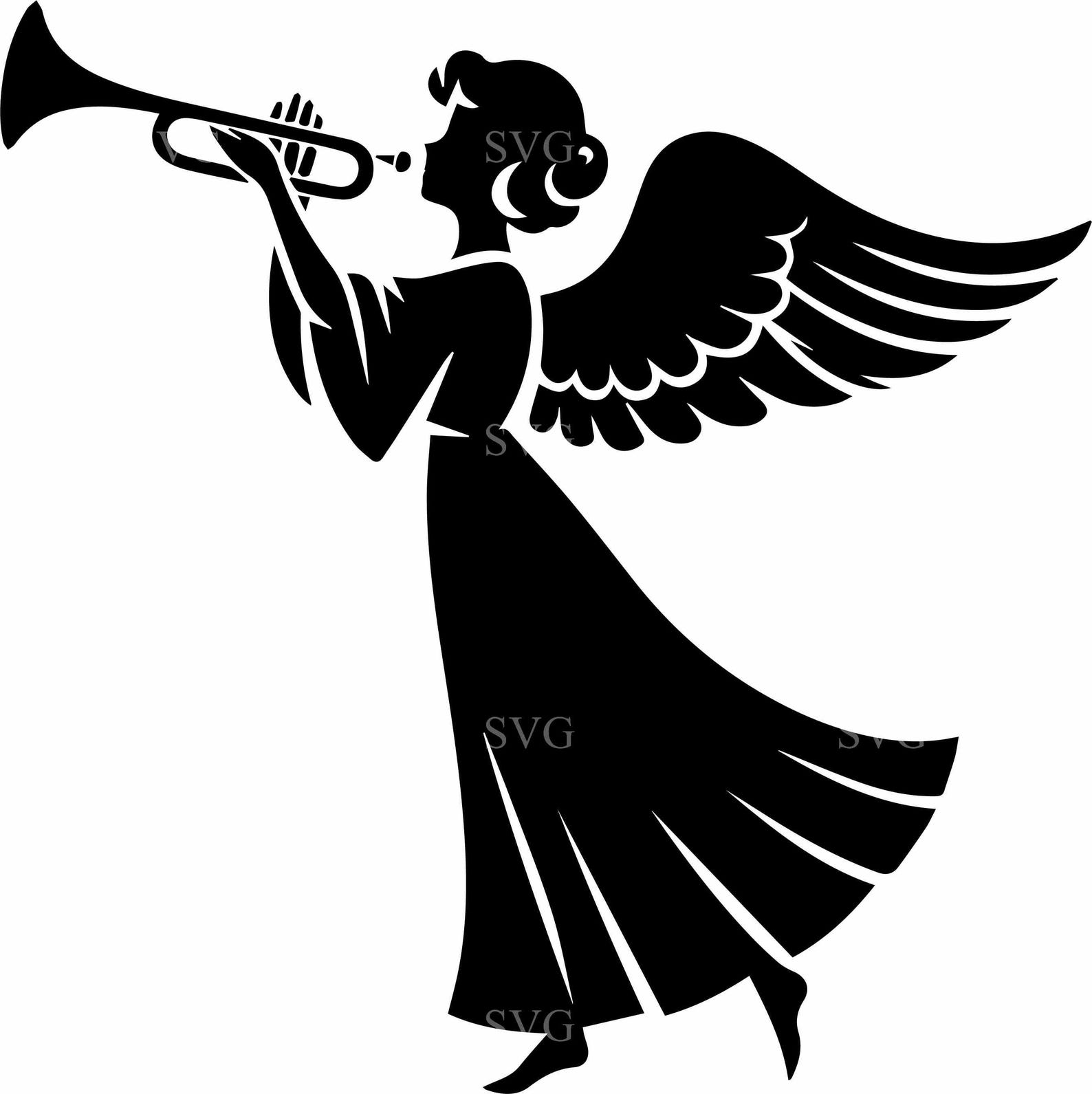 7 Trumpet Angel SVG – Winged Angel Silhouette With Swirl Gown Cut File ...