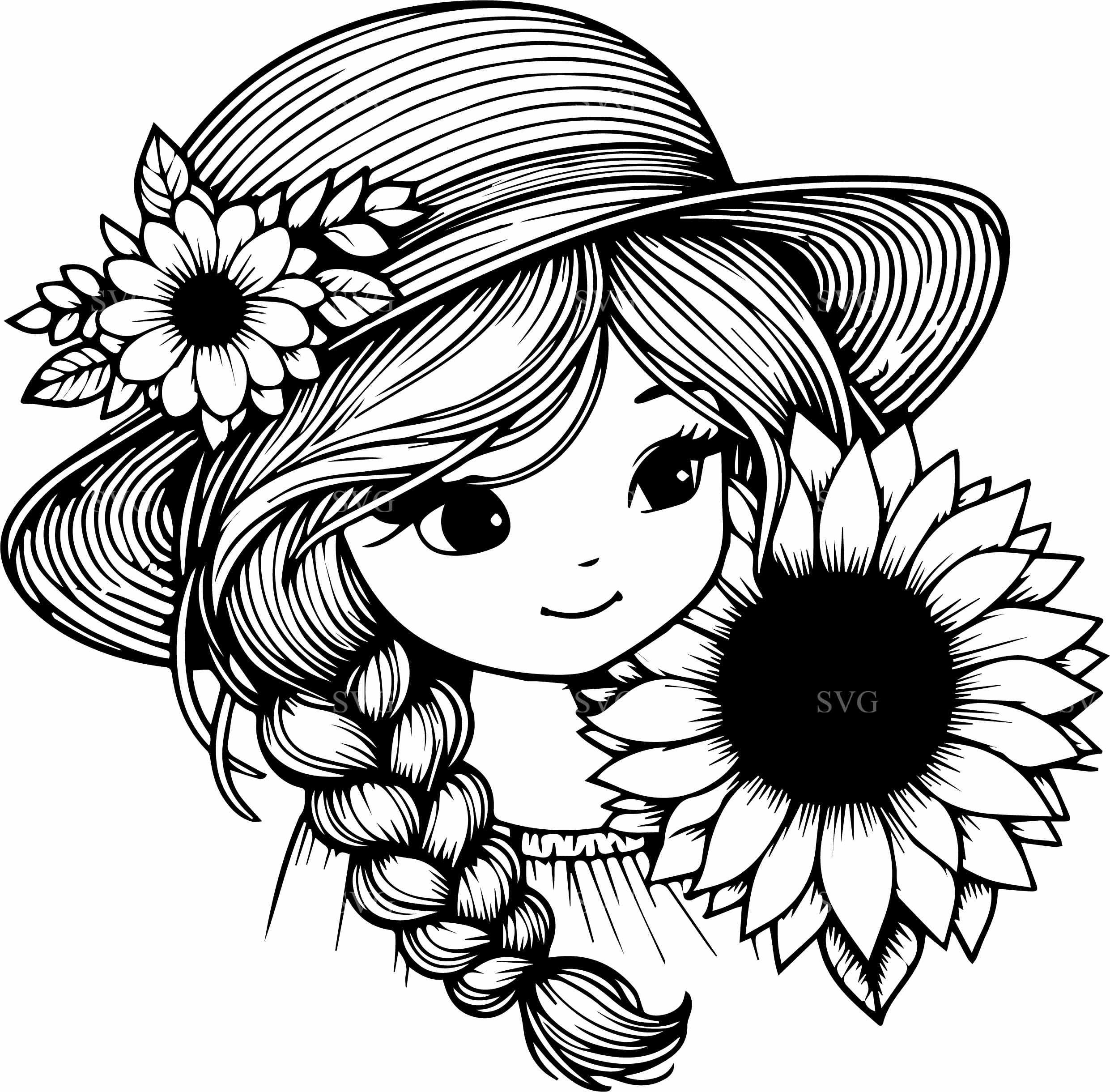 5 Sunflower Girl SVG | Whimsical Silhouette Art (cut File) - Etsy
