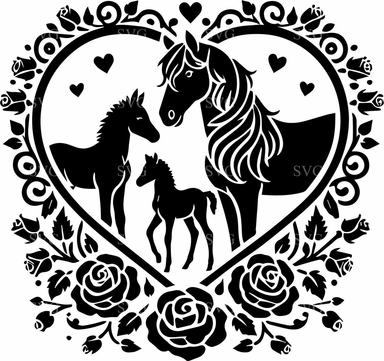 6 Horse Family SVG – Mare and Foals in Rose Heart Frame (cut File) - Etsy