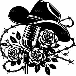 6 Country Music SVG - 6 Cowboy Hat, Mic Roses Clipart - Western Singing ...