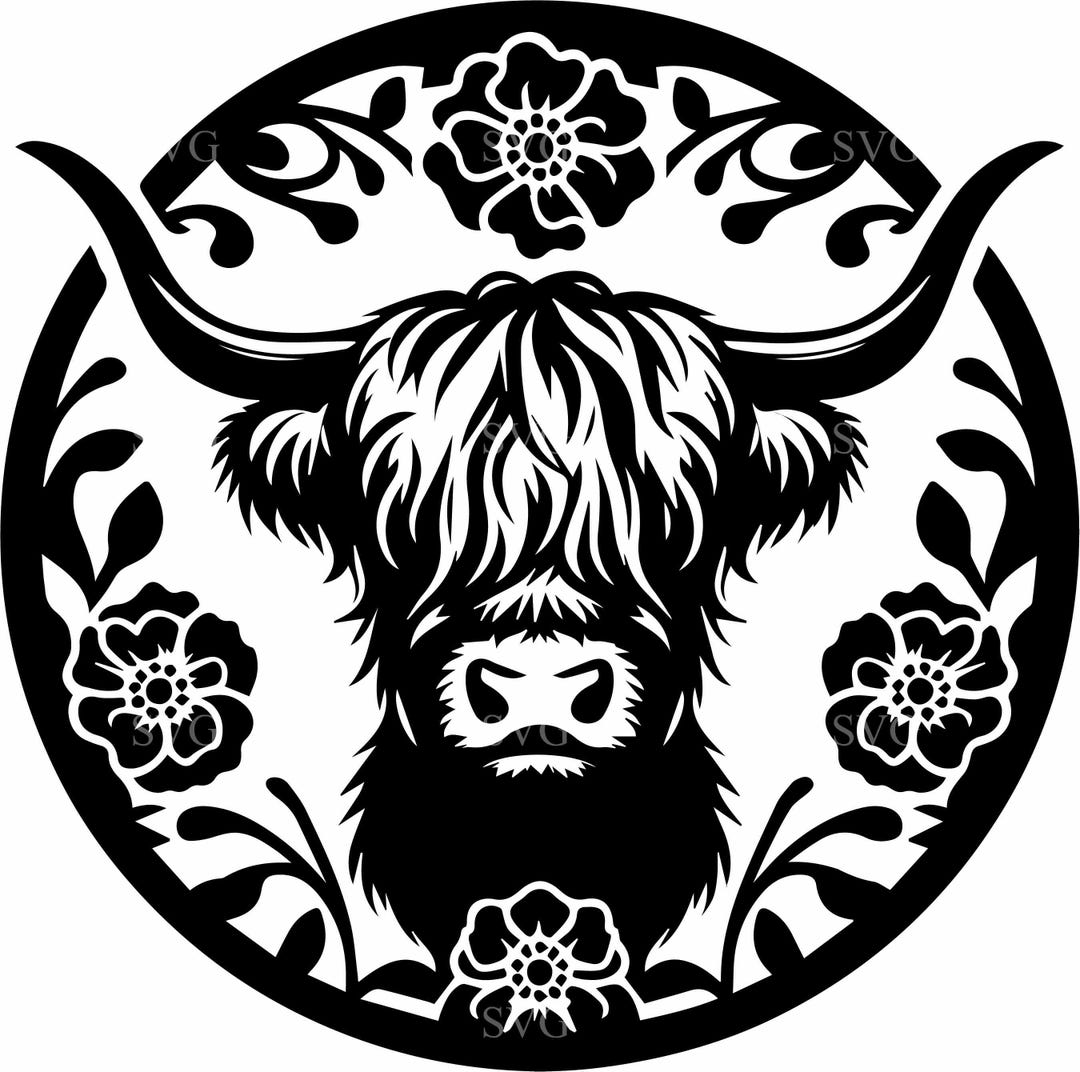 8 Highland Cow SVG – Floral Bull Head Cut File for Cricut and Laser ...