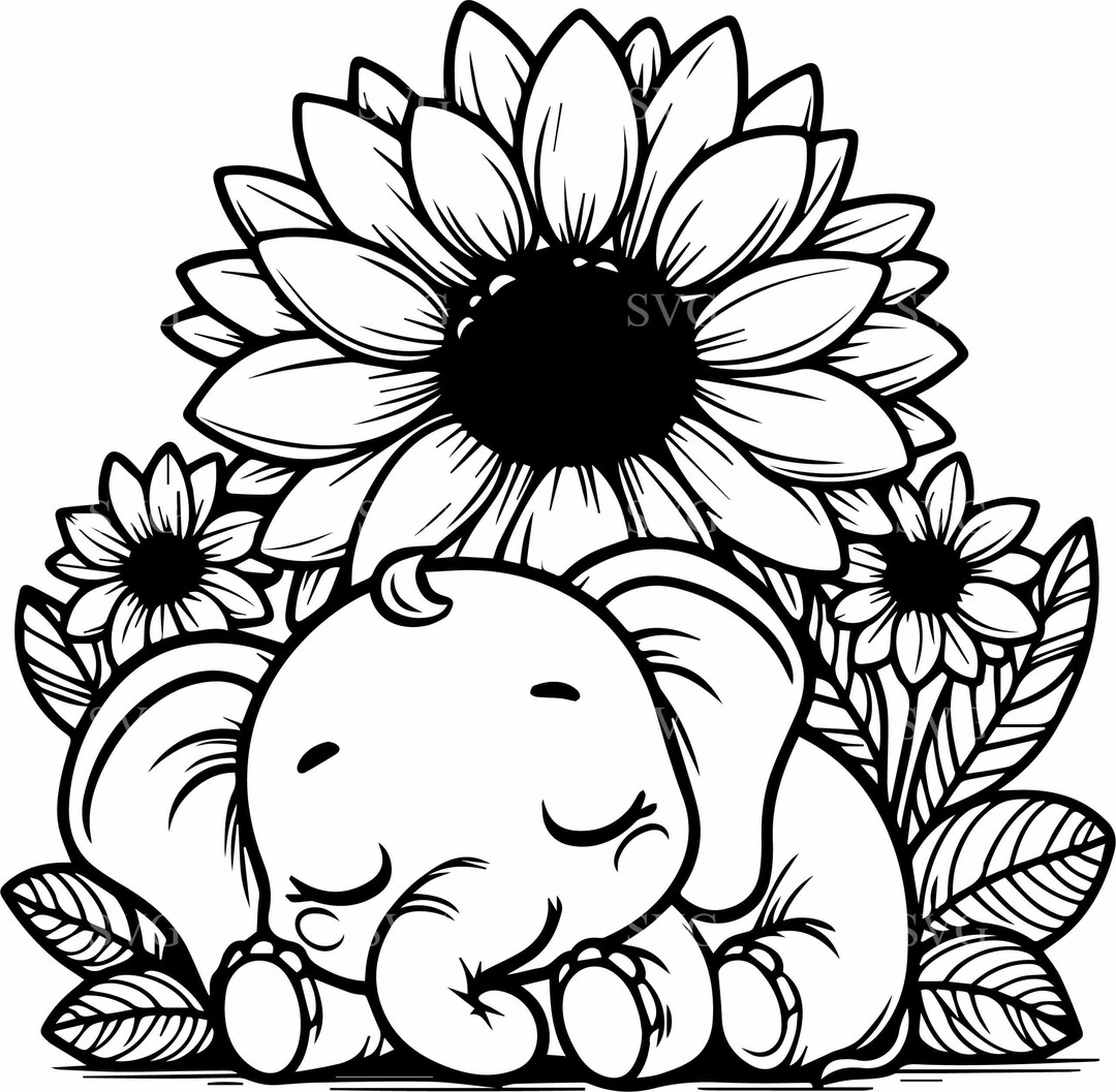 Sleeping Baby Elephant With Sunflower SVG, 4 Cute Animal Floral Cut ...