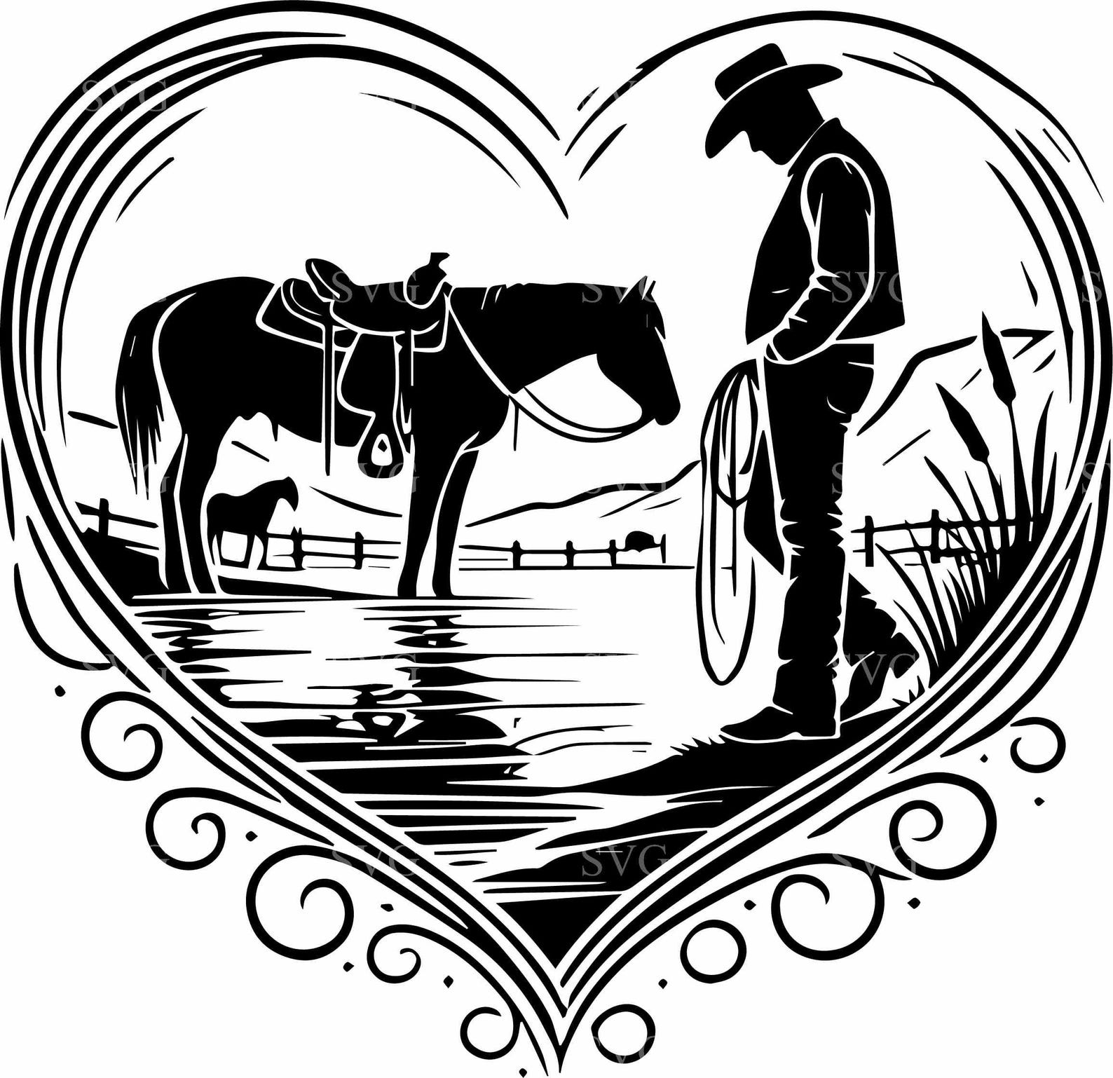 4 Cowboy Horse Heart SVG – Rustic River Scene Cut File (digital ...
