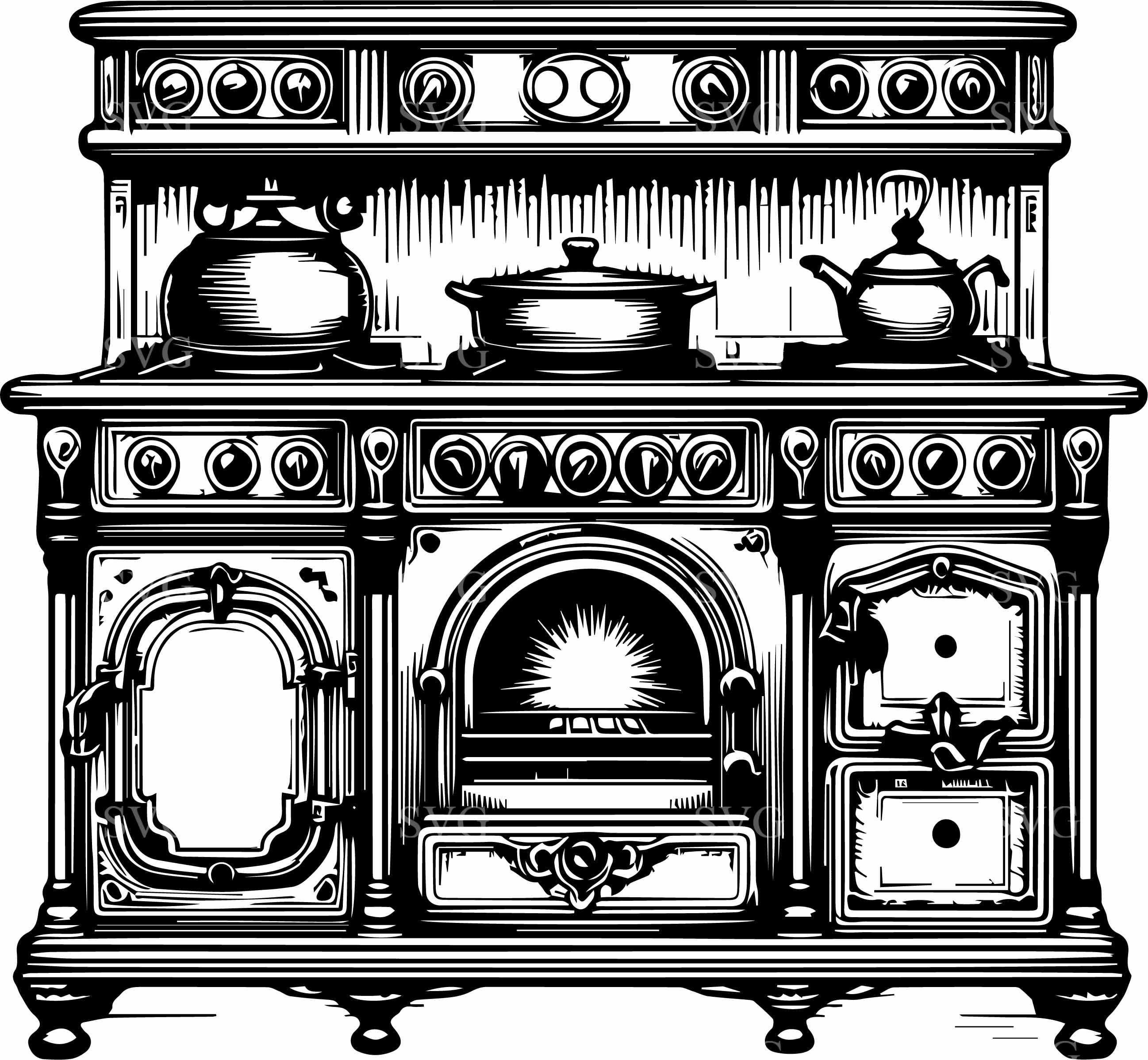 Vintage Stove SVG, 4 Antique Kitchen Oven Silhouette Cut File, Rustic ...