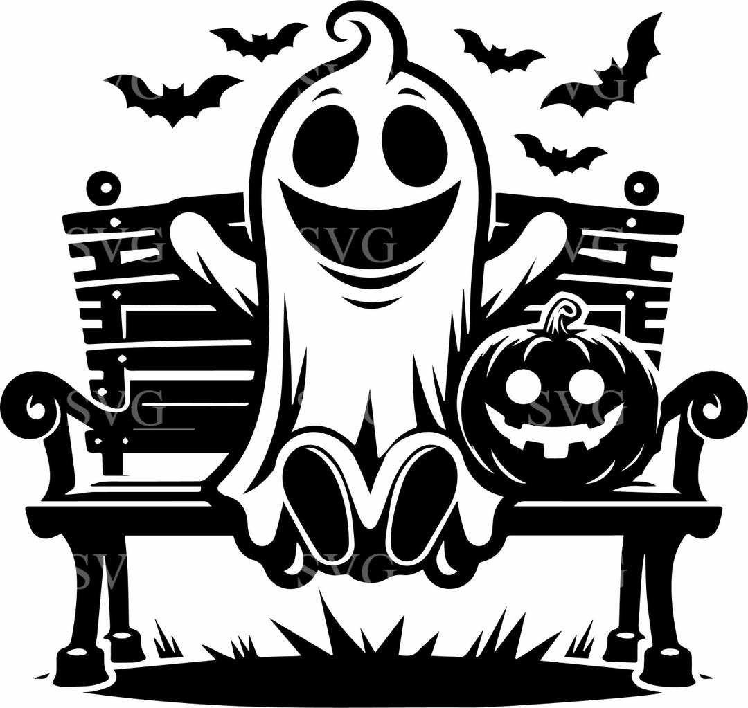 4 Happy Ghost SVG – Halloween Bench Scene With Pumpkin and Bats – Cute ...