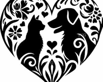 7 Cat and Dog Heart SVG Cut File | 7 Pet Love Silhouette Clipart ...