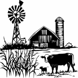 4 Farm Scene SVG Cut File With Barn, Windmill, Cow and Calf, Country ...
