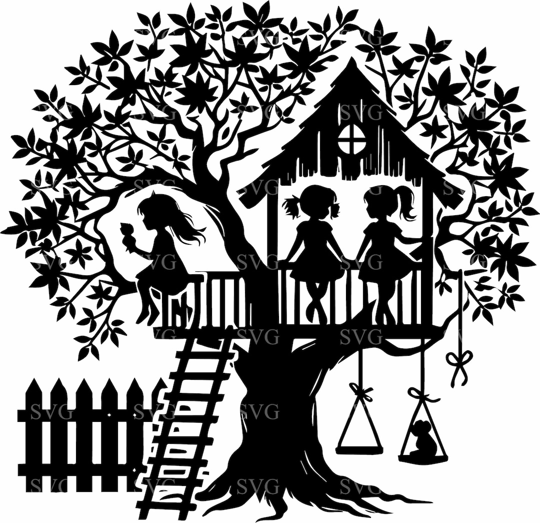 4 Treehouse Girls SVG 4 Cut File, Kids Playing Silhouette PNG ...