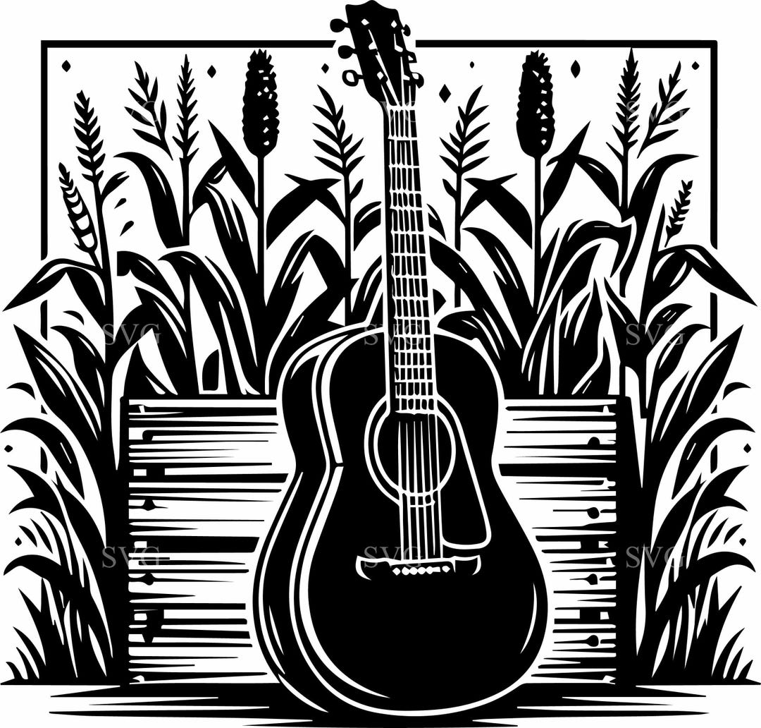 4 Farm Guitar SVG PNG – 4 Acoustic Guitar With Cornfield Crate Clipart ...