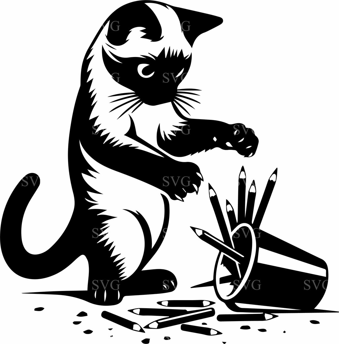 5 Cat SVG, 5 Playful Kitten Knocked Over Pencils, Funny Pet Silhouette ...