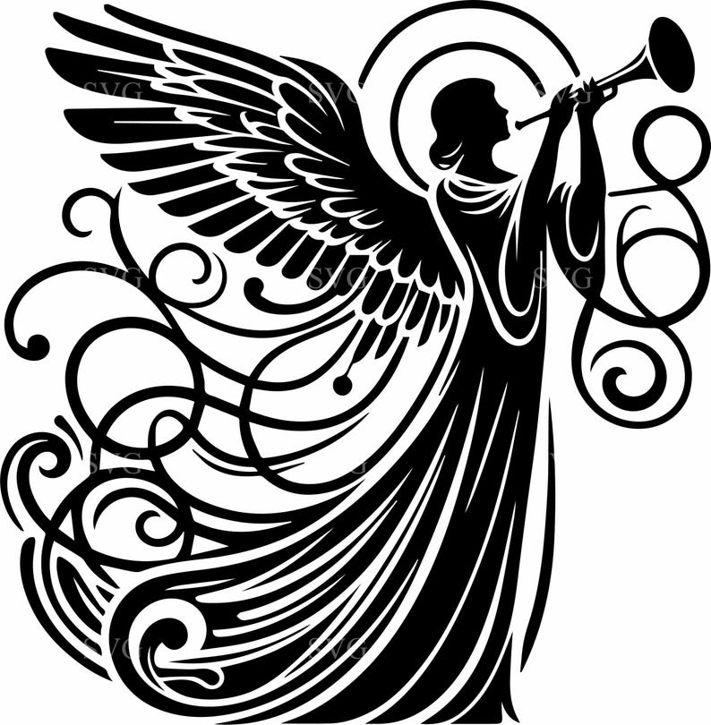 8 Ornate Trumpet Angel SVG – Winged Angel Silhouette With Swirl Design ...