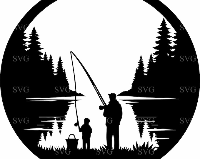 5 Lake Fishing SVG Cut File, Father and Son Silhouette by Water ...