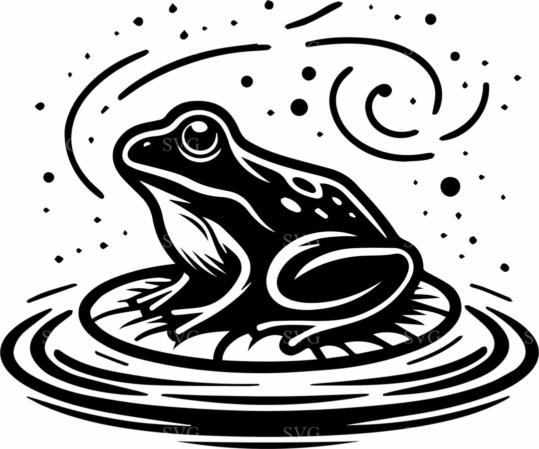 5 Frog SVG Cut File, Cute Frog Sitting in Pond With Swirls, Whimsical ...