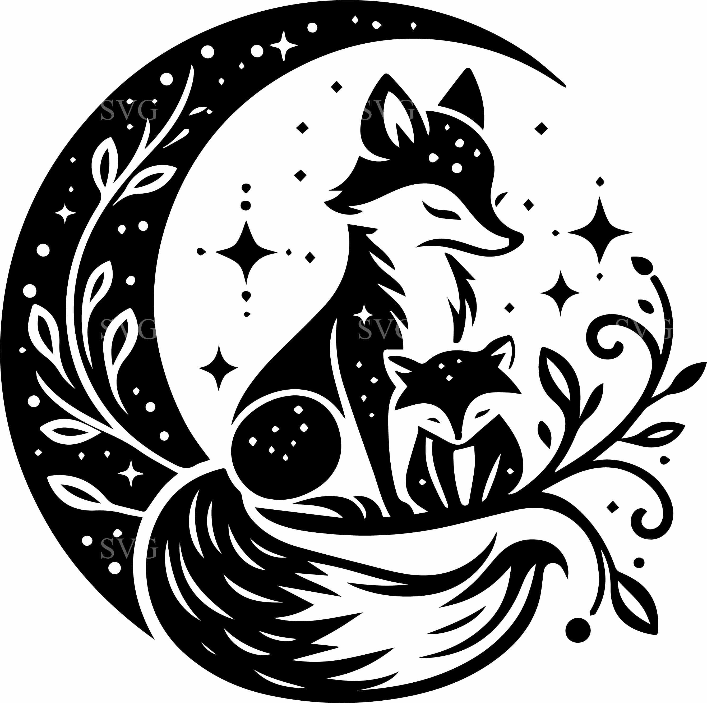 9 Fox Moon SVG – 9 Night Foxes Cut File With Stars and Leaves ...