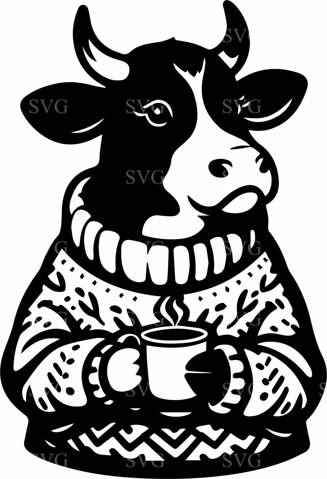 4 Cow SVG Cut File for Cricut – Cute Cow in Sweater Holding Mug – Farm ...