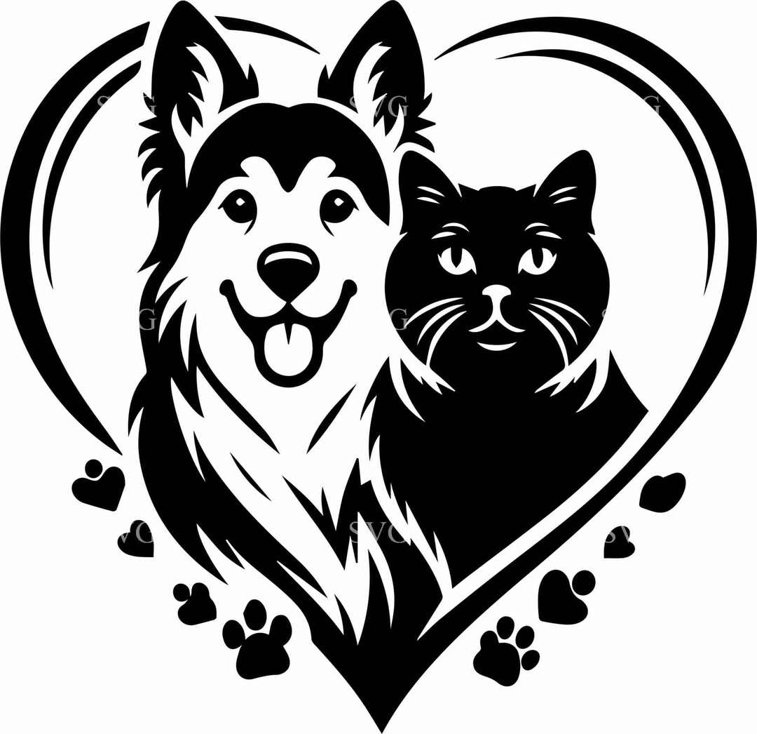 7 Dog and Cat Heart SVG Cut File | 7 Pet Silhouette Clipart With Paw ...