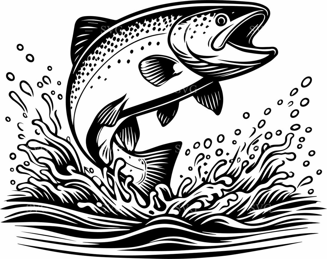 Jumping Trout SVG 4 Dynamic Fish Splash Clipart for Cricut, Silhouette ...
