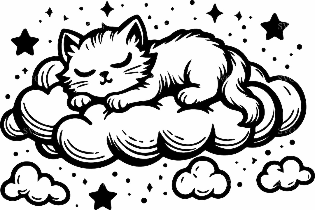 Sleeping Cat SVG 7 Cut File - Cute Kitten on Cloud With Moon and Stars ...