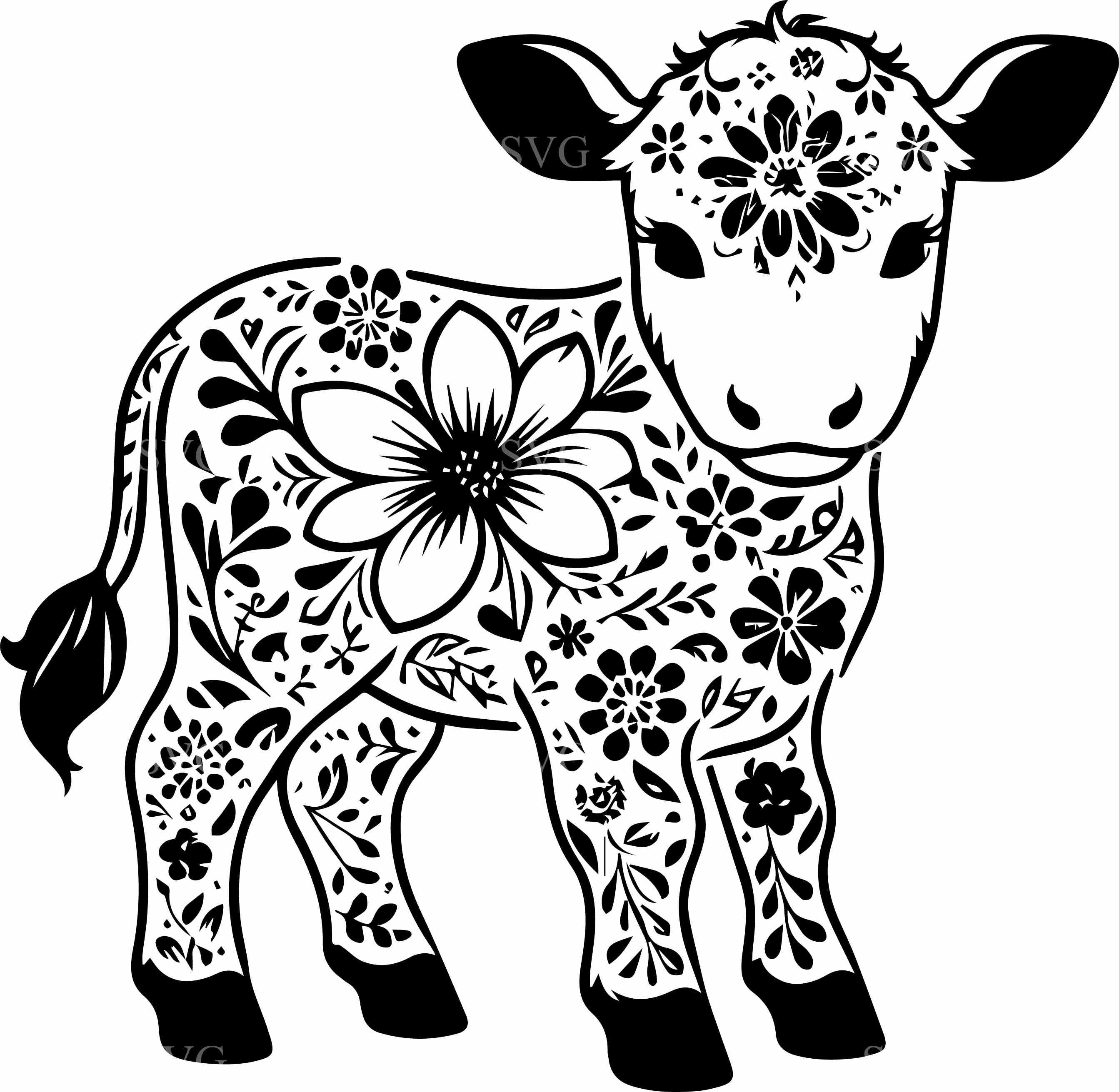 7 Calf SVG Cut File, Floral Cow Vector, Baby Farm Animal Clipart for ...