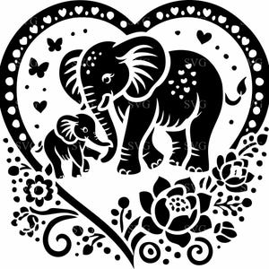 Elephant Heart SVG - 6 Mom and Baby Cut File With Floral Details for ...