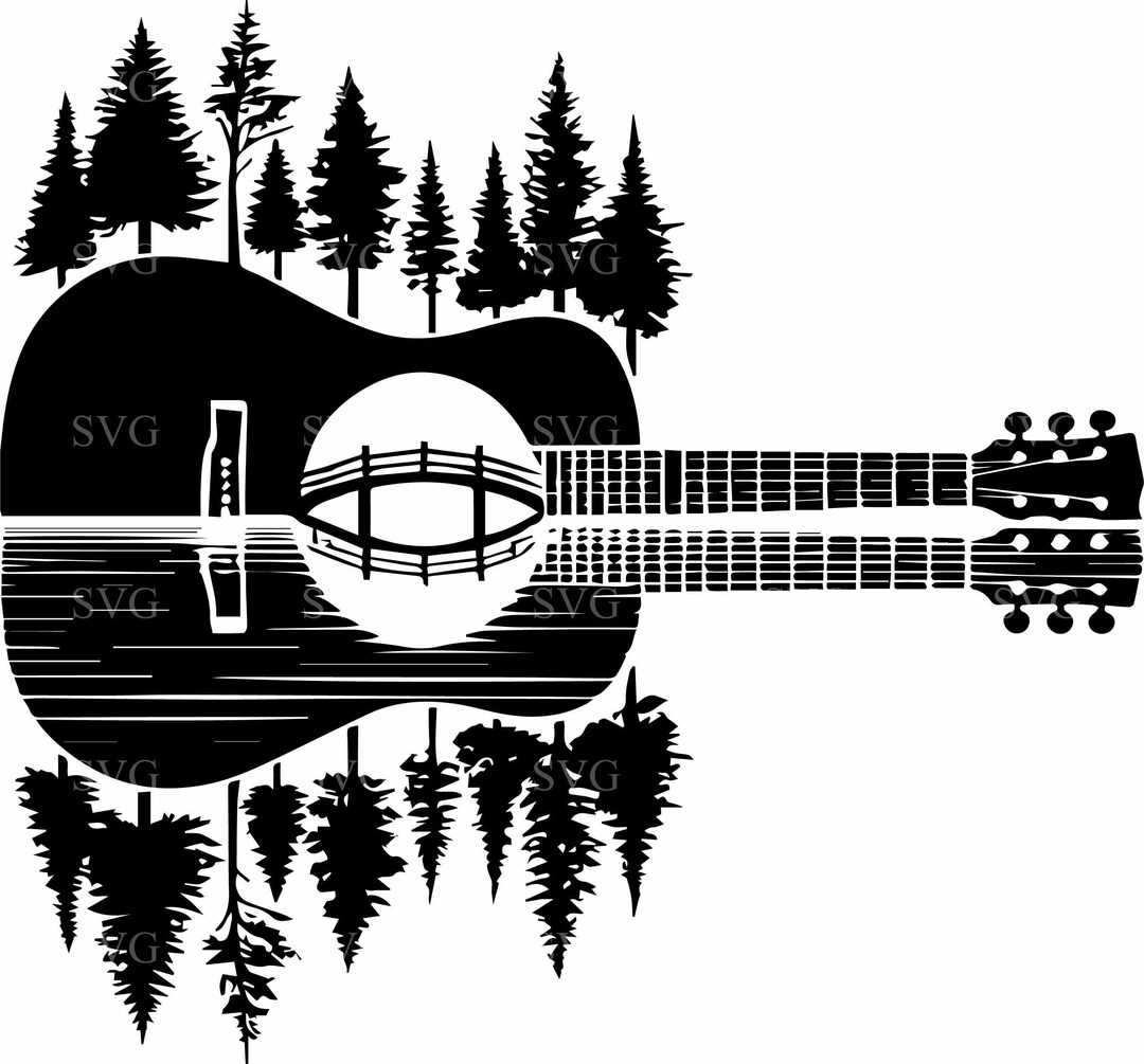 Guitar Reflection SVG 4 Cut File, Nature Music Silhouette, Forest ...
