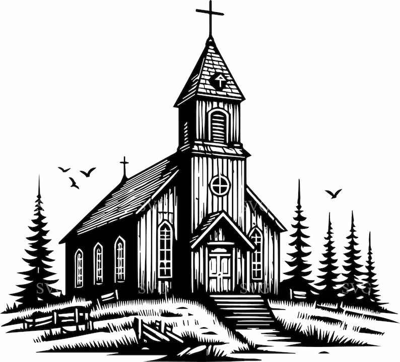 5 Rustic Church SVG Cut File, 5 Vintage Chapel Scene Vector for Cricut ...