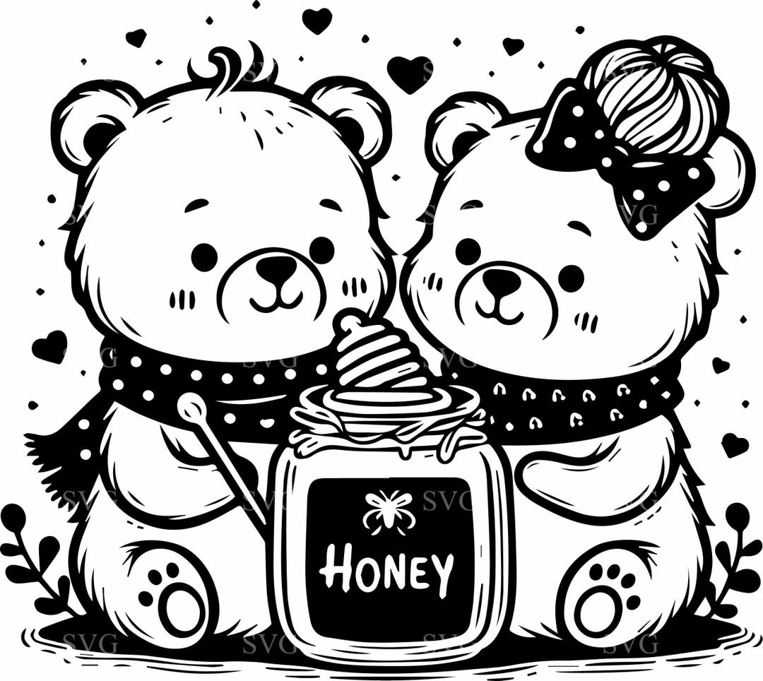 Adorable Bear Couple With Honey Pot SVG, 5 Cute Bear Honey Jar Cut File ...