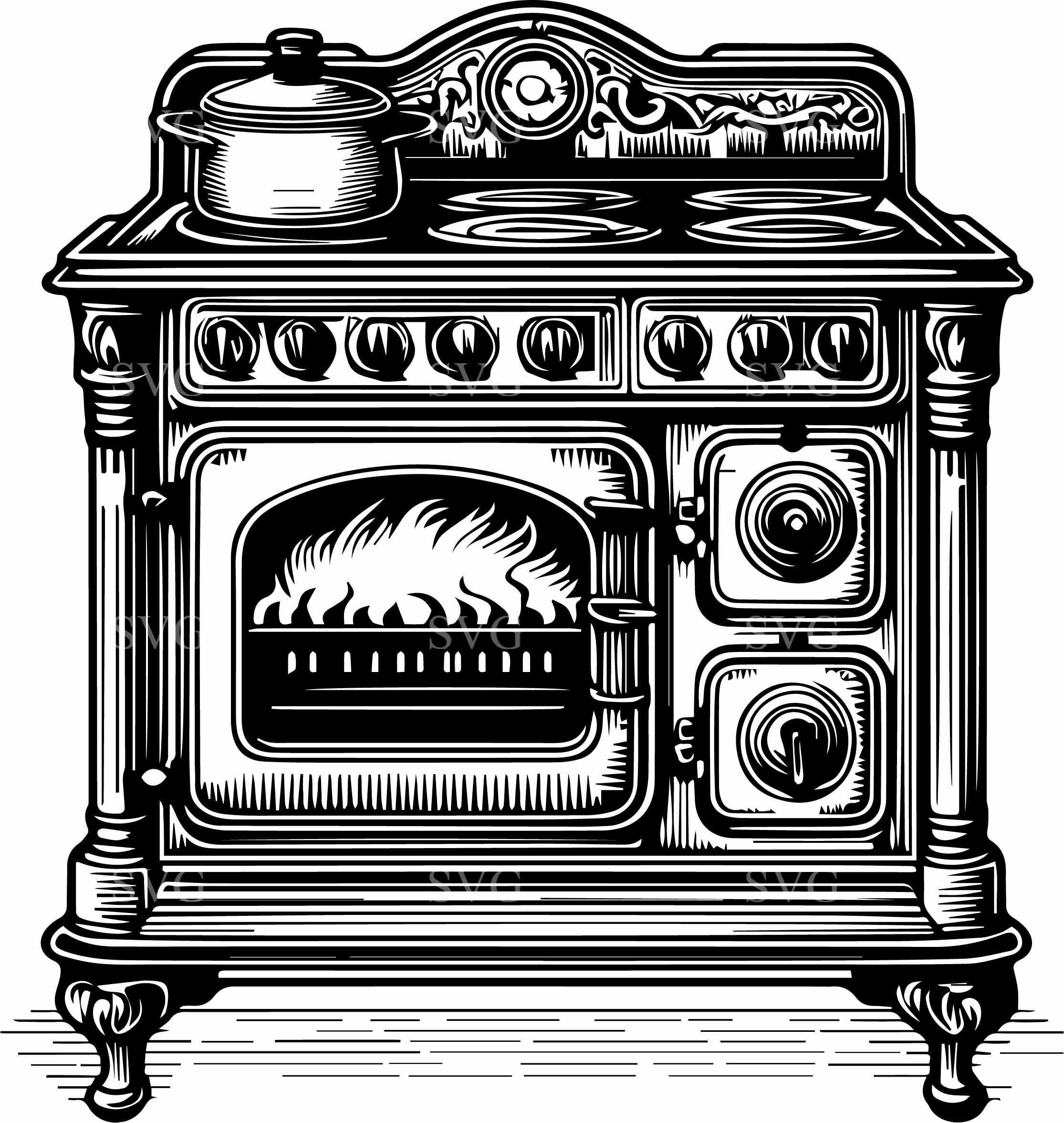 Vintage Stove SVG, 4 Antique Kitchen Oven Silhouette Cut File, Rustic ...