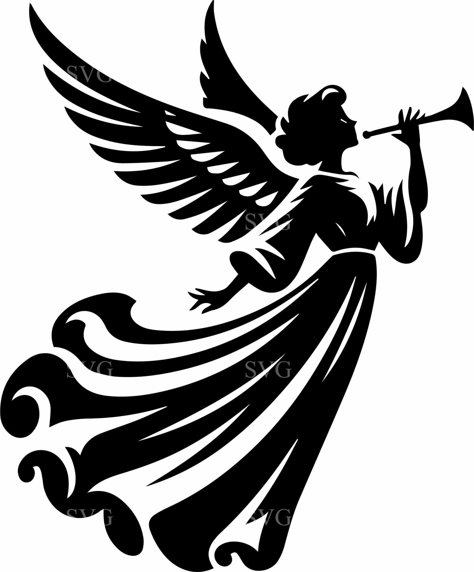 7 Trumpet Angel SVG – Winged Angel Silhouette With Swirl Gown Cut File ...