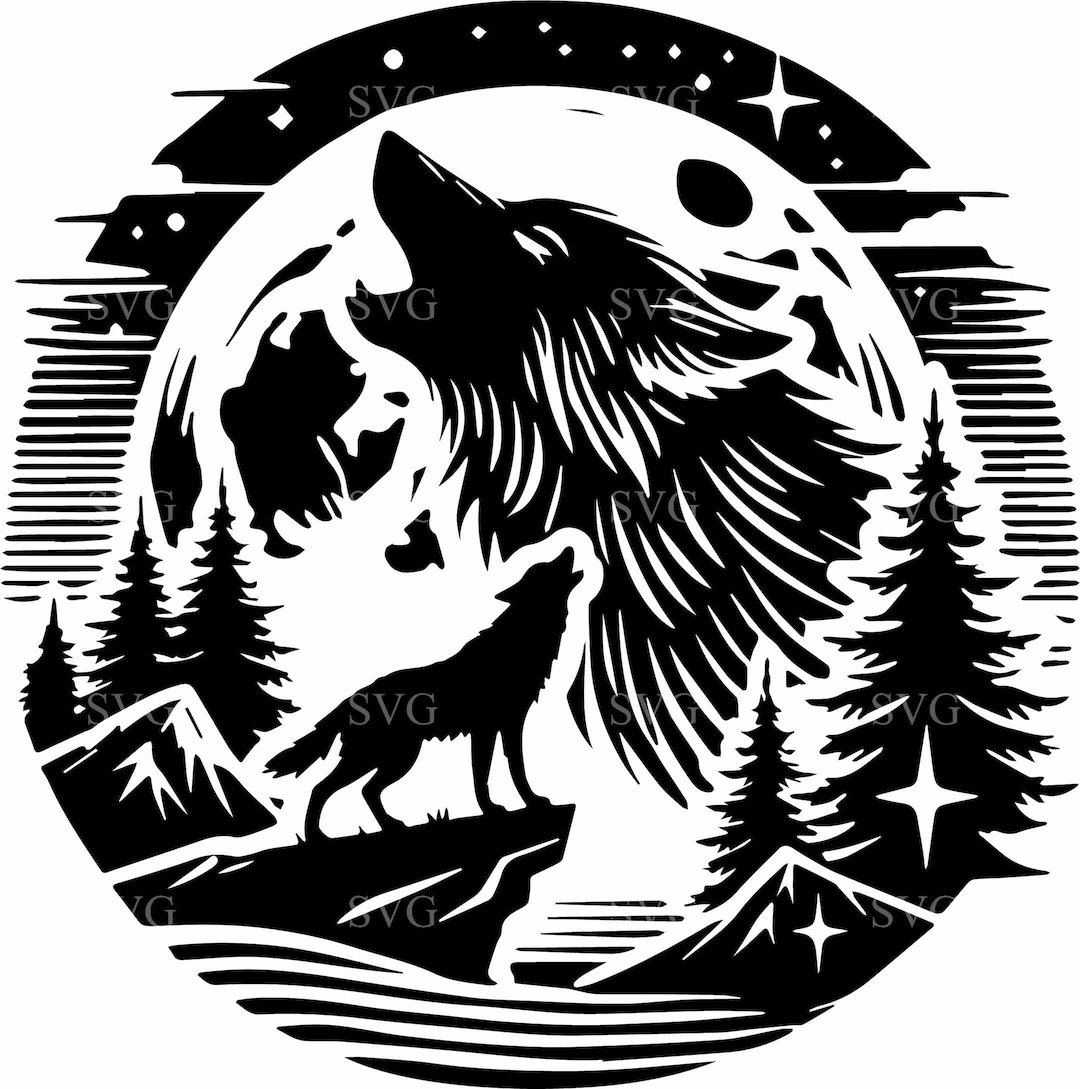 Howling Wolf Silhouette SVG 5 Cut File - Full Moon and Forest Scene ...