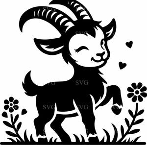 3 Cute Baby Goat SVG Cut File, Winking Goat Silhouette With Flowers and ...