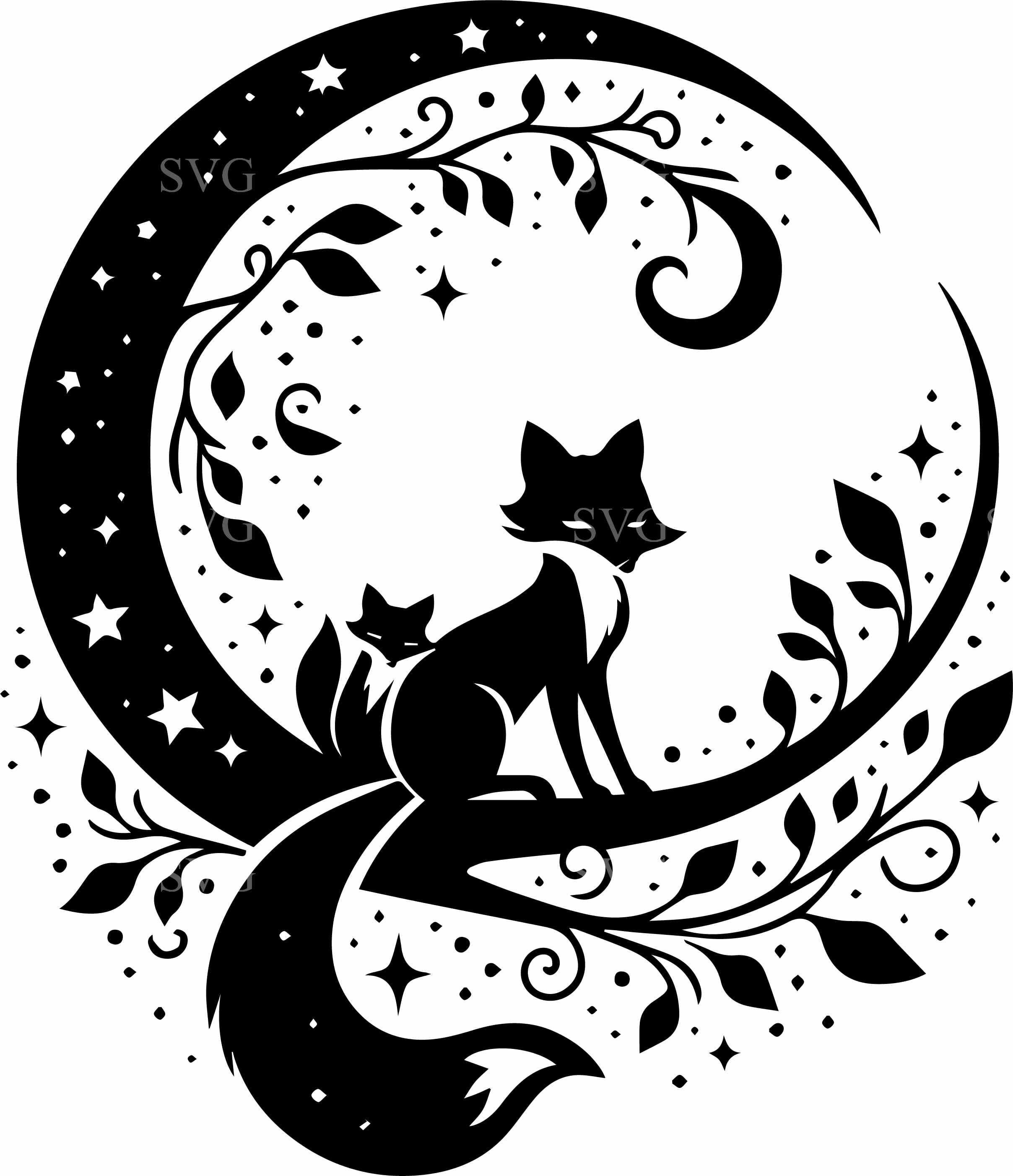 9 Fox Moon SVG – 9 Night Foxes Cut File With Stars and Leaves ...