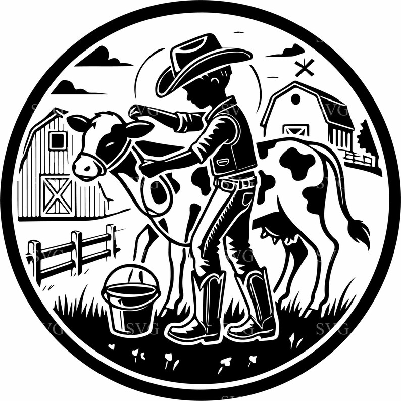 4 Farmer and Cow SVG 4 Cut File, Farm Scene Clipart, Country Life ...