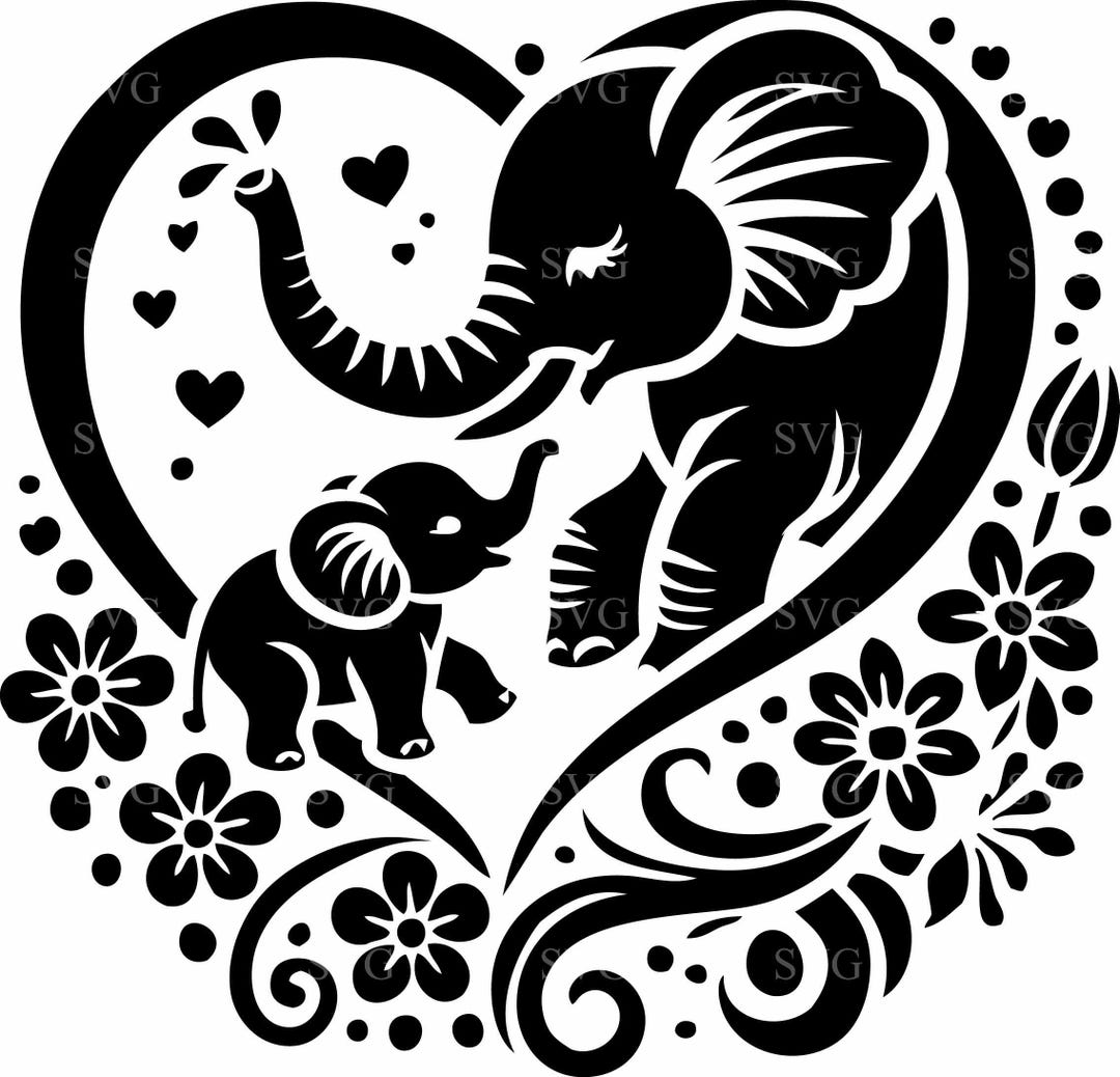 Elephant Heart SVG - 6 Mom and Baby Cut File With Floral Details for ...