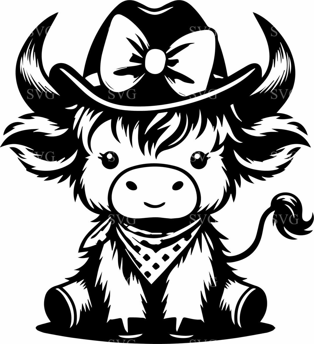 4 Highland Cow in Cowboy Hat SVG 4 Cut File, Cute Cow With Bandana and ...