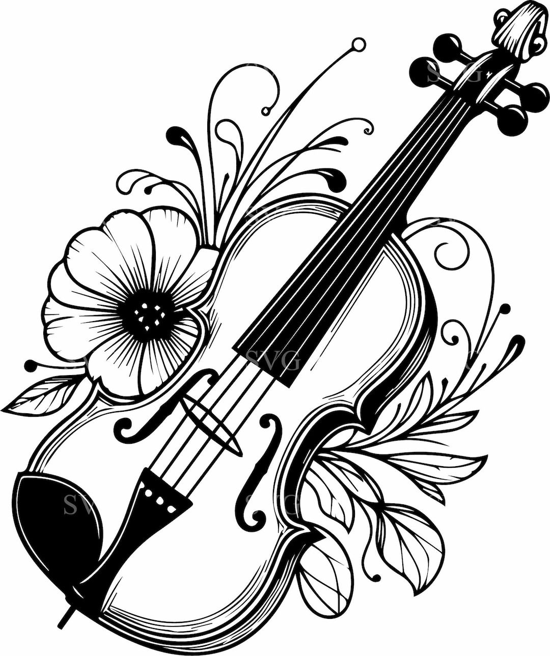 Floral Violin SVG, 3 Elegant Violin and Flower Design, Music Instrument ...