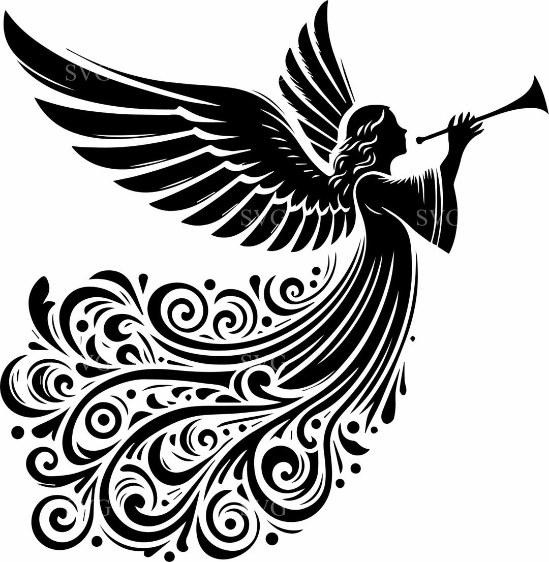 8 Ornate Trumpet Angel SVG – Winged Angel Silhouette With Swirl Design ...