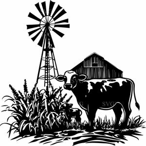 4 Farm Scene SVG Cut File With Barn, Windmill, Cow and Calf, Country ...